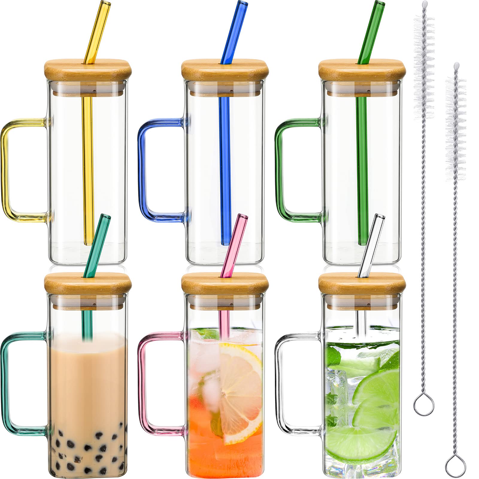 Rtteri 6 Set Square Glass Cups Drinking Glasses with Bamboo Lid Straw and Handle Portable Coffee Mugs for Graduation Party Mother's Day Gifts(Bright Color, 13 oz, Small)