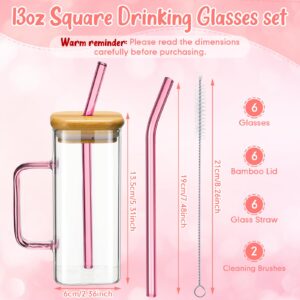 Rtteri 6 Set Square Glass Cups Drinking Glasses with Bamboo Lid Straw and Handle Portable Coffee Mugs for Graduation Party Mother's Day Gifts(Bright Color, 13 oz, Small)