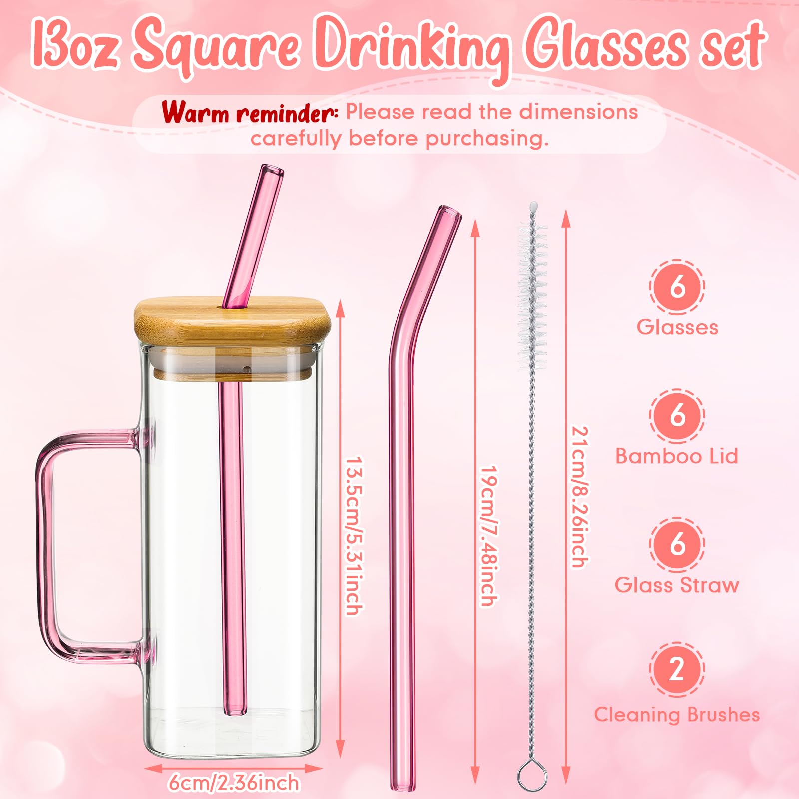 Rtteri 6 Set Square Glass Cups Drinking Glasses with Bamboo Lid Straw and Handle Portable Coffee Mugs for Graduation Party Mother's Day Gifts(Bright Color, 13 oz, Small)