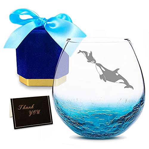 Orca Whale Gifts, Christmas Gifts for Mom, Killer Whale Orca Handmade Etched Crackle Wine Glass Orca Gifts for Beach Party