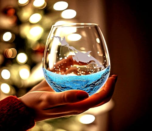 Orca Whale Gifts, Christmas Gifts for Mom, Killer Whale Orca Handmade Etched Crackle Wine Glass Orca Gifts for Beach Party