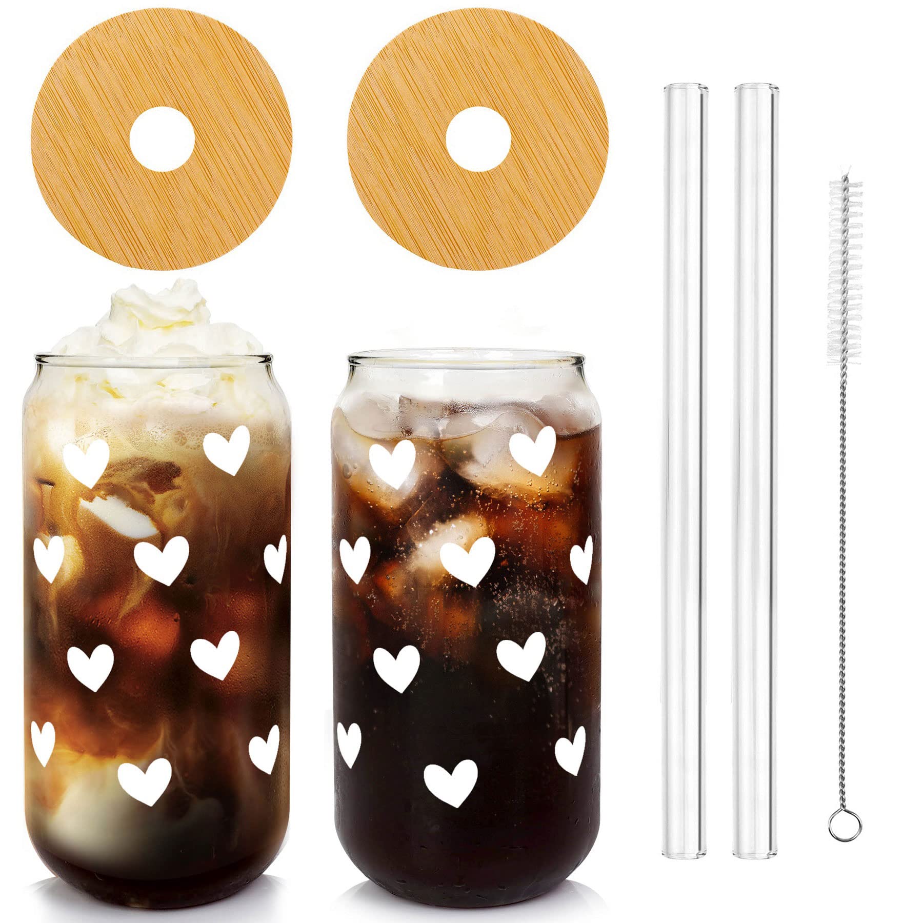 Iced Coffee Cups, Can Shaped Glass Cups, 20 OZ Hearts Cup Beer Glass, Love Can Couple Drinking Glasses, Glass Cup with Bamboo Lids and Straws - 2 Sets