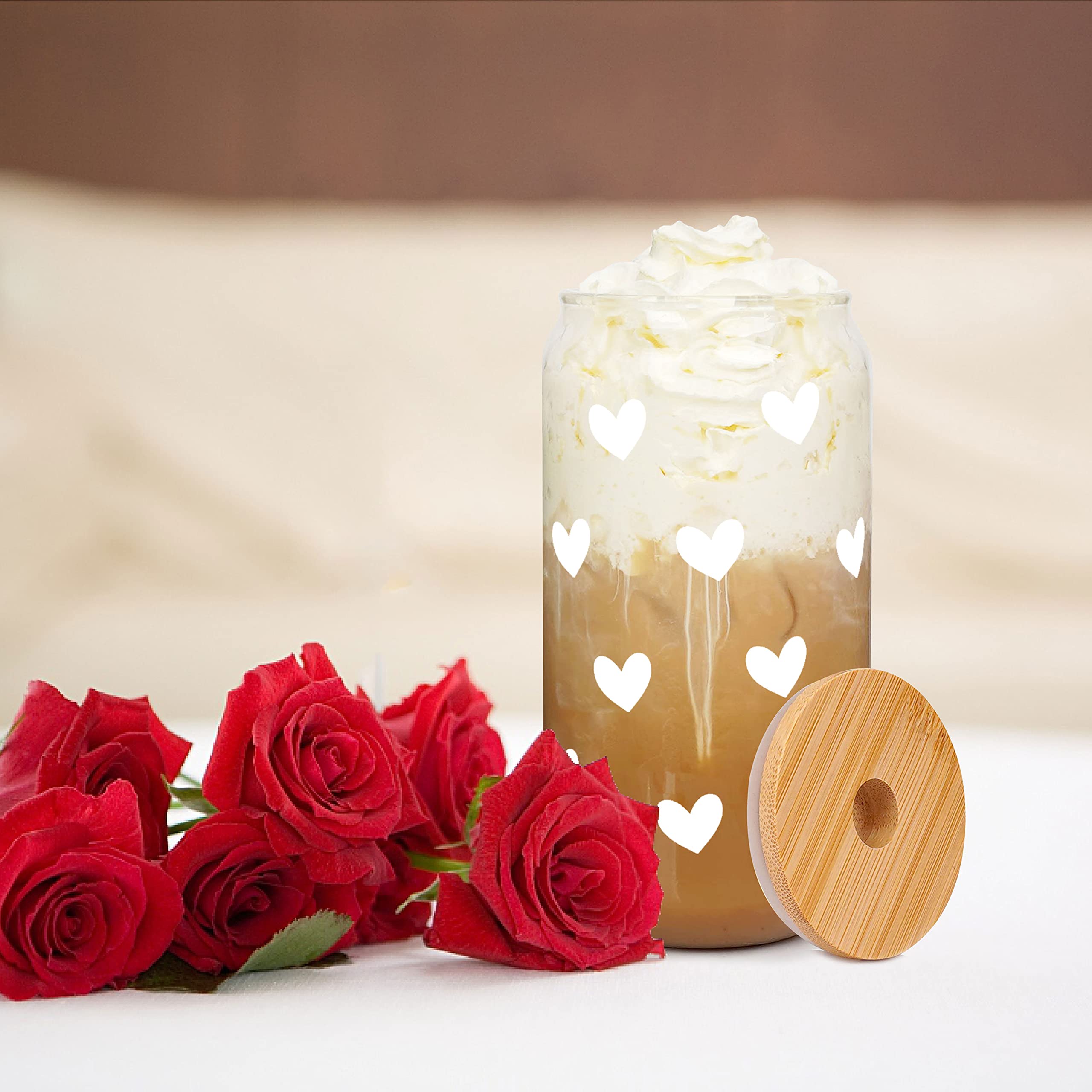 Iced Coffee Cups, Can Shaped Glass Cups, 20 OZ Hearts Cup Beer Glass, Love Can Couple Drinking Glasses, Glass Cup with Bamboo Lids and Straws - 2 Sets