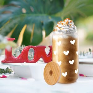 Iced Coffee Cups, Can Shaped Glass Cups, 20 OZ Hearts Cup Beer Glass, Love Can Couple Drinking Glasses, Glass Cup with Bamboo Lids and Straws - 2 Sets