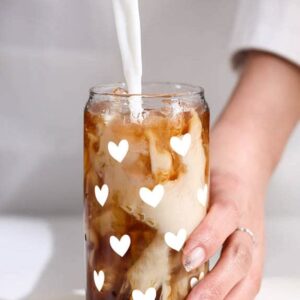 Iced Coffee Cups, Can Shaped Glass Cups, 20 OZ Hearts Cup Beer Glass, Love Can Couple Drinking Glasses, Glass Cup with Bamboo Lids and Straws - 2 Sets