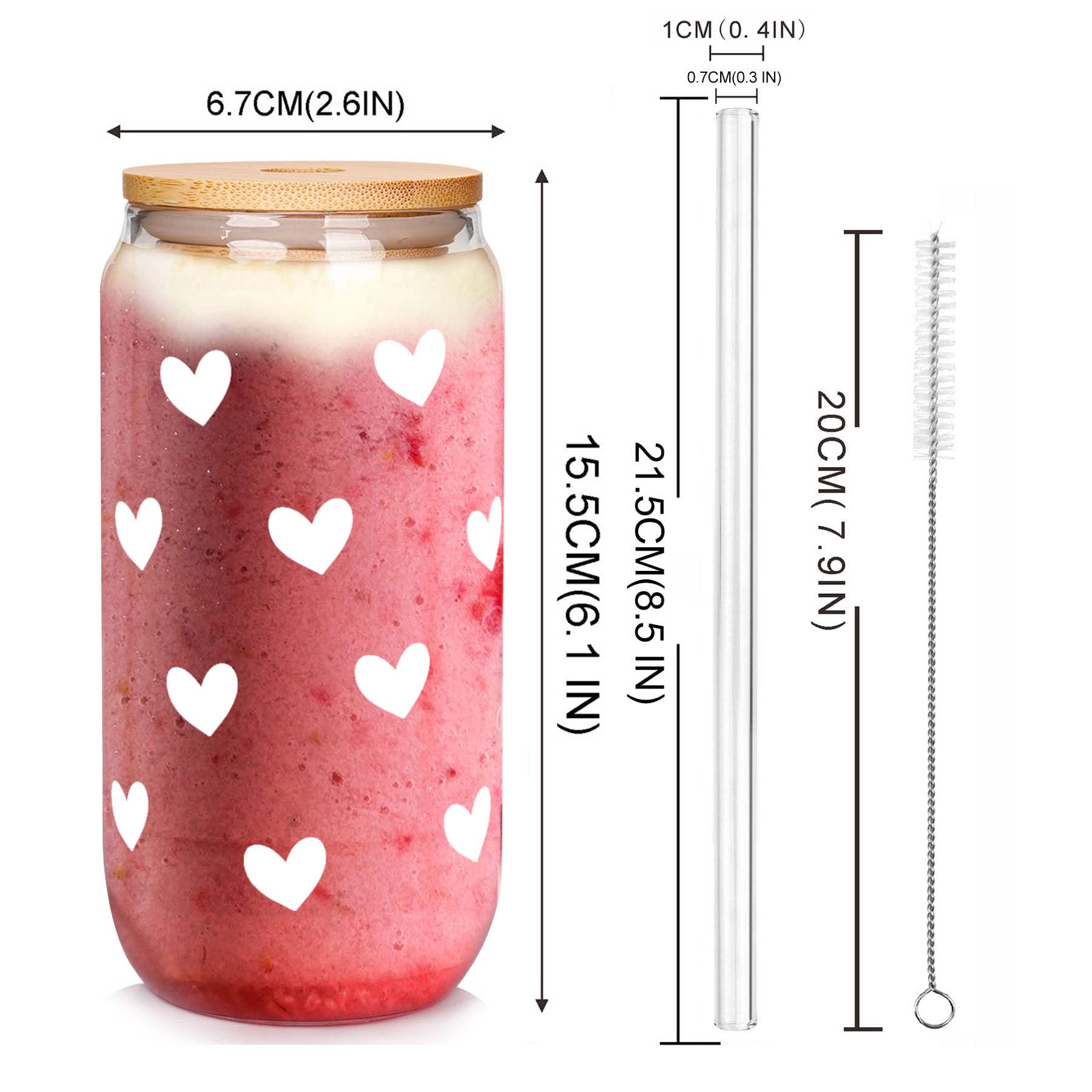 Iced Coffee Cups, Can Shaped Glass Cups, 20 OZ Hearts Cup Beer Glass, Love Can Couple Drinking Glasses, Glass Cup with Bamboo Lids and Straws - 2 Sets