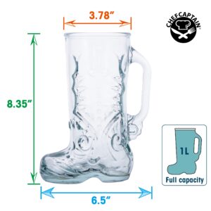 Chefcaptain Beer Boot Glasses, Das Boot Glass Zero-Lead Glass Boot Mugs With Handles And 1 Liter Capacity, Beer Glasses Pack Of 2 Cowboy Boot Cups (Clear, White)