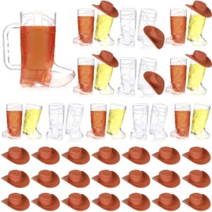 67 pcs cowboy boot shot glasses set include 30 pcs 1oz plastic western beer mugs 36 pcs mini cowboy hats and 1 pcs 16 oz reusable cowboy boot cup for cowgirl bachelorette party supplies(brown style)