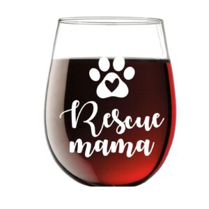 Rescue Mama 15oz Stemless Crystal Wine Glass - Unique Birthday Gift For Dog Mom, Dog Dad, Animal Rescue Fur Mama Vet Dog Cat Lover Gifts For Men or Women Cute Paw Gag Novelty Gift - CBT Wine Glasses