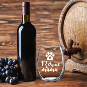 Rescue Mama 15oz Stemless Crystal Wine Glass - Unique Birthday Gift For Dog Mom, Dog Dad, Animal Rescue Fur Mama Vet Dog Cat Lover Gifts For Men or Women Cute Paw Gag Novelty Gift - CBT Wine Glasses