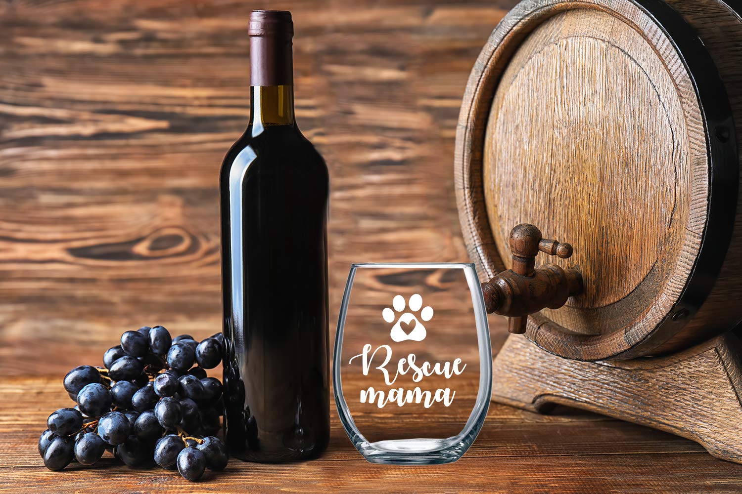 Rescue Mama 15oz Stemless Crystal Wine Glass - Unique Birthday Gift For Dog Mom, Dog Dad, Animal Rescue Fur Mama Vet Dog Cat Lover Gifts For Men or Women Cute Paw Gag Novelty Gift - CBT Wine Glasses