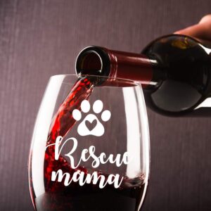 Rescue Mama 15oz Stemless Crystal Wine Glass - Unique Birthday Gift For Dog Mom, Dog Dad, Animal Rescue Fur Mama Vet Dog Cat Lover Gifts For Men or Women Cute Paw Gag Novelty Gift - CBT Wine Glasses