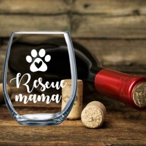 Rescue Mama 15oz Stemless Crystal Wine Glass - Unique Birthday Gift For Dog Mom, Dog Dad, Animal Rescue Fur Mama Vet Dog Cat Lover Gifts For Men or Women Cute Paw Gag Novelty Gift - CBT Wine Glasses