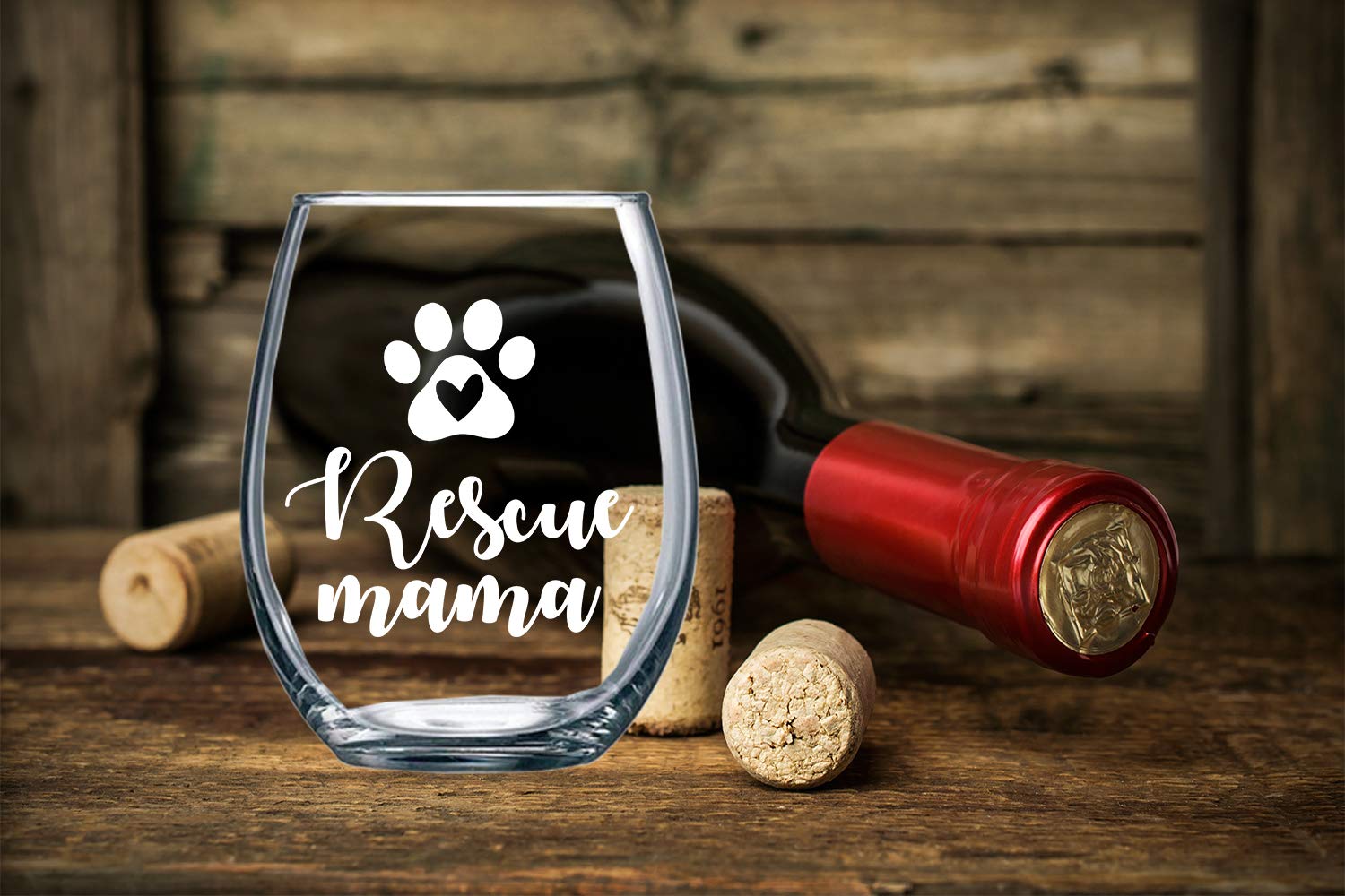 Rescue Mama 15oz Stemless Crystal Wine Glass - Unique Birthday Gift For Dog Mom, Dog Dad, Animal Rescue Fur Mama Vet Dog Cat Lover Gifts For Men or Women Cute Paw Gag Novelty Gift - CBT Wine Glasses