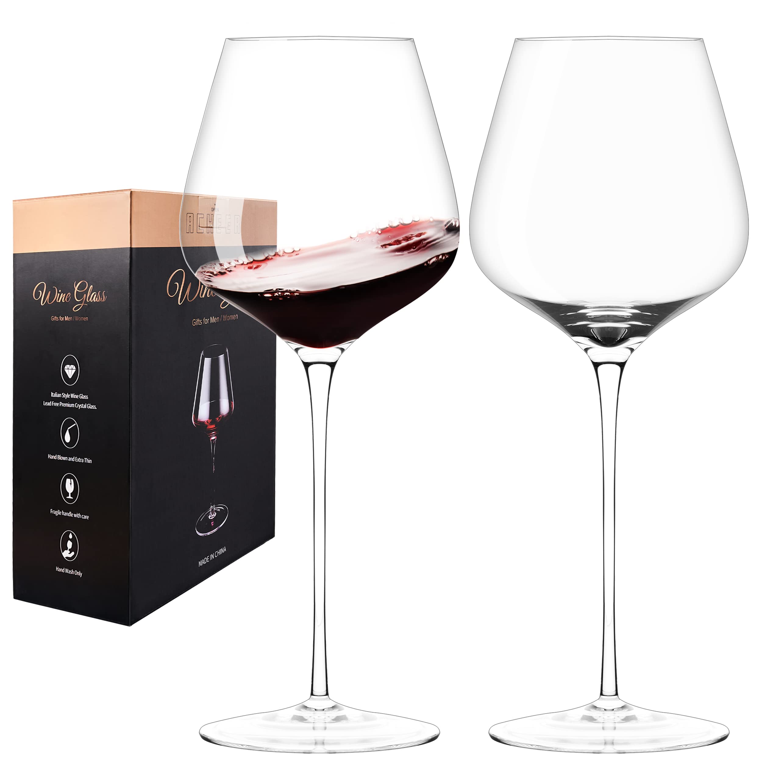 ACHEER 24 Oz Crystal Burgundy Red Wine Glasses Set of 2, Hand Blown Italian Style, Long Stem, Large, Clear, Crystal Wine Glass - Gift Box -Perfect present for any Occasion,Gift for Men,Women