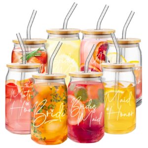 inbagi 8 pcs bridesmaid gifts iced coffee cup with bamboo lids and glass straw 16 oz mason jar cups bride can shaped drinking glasses cute tumbler cup bridal shower, bachelorette party supplies