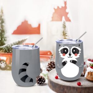 NymphFable 12oz Raccoon Cup Insulated Wine Tumbler With Lid and Straw Double Wall Stainless Steel Travel Mug