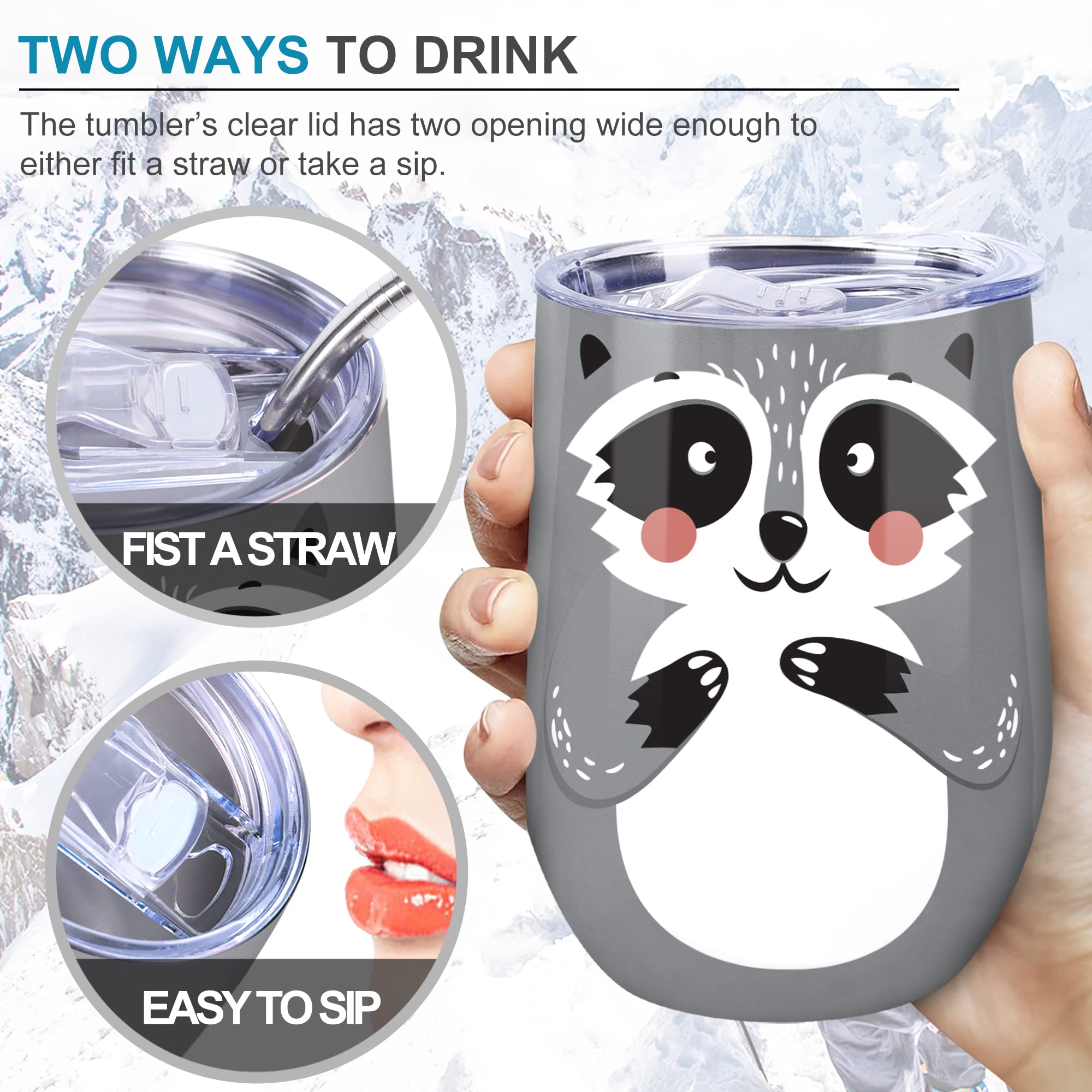 NymphFable 12oz Raccoon Cup Insulated Wine Tumbler With Lid and Straw Double Wall Stainless Steel Travel Mug