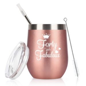 gingprous 40th birthday gifts for women wife mom friends coworkers, forty and fabulous wine tumbler for 40th birthday, 12 oz stainless steel insulated wine tumbler with lid and straw, rose gold