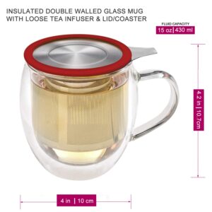 Teabloom Double-Wall Borosilicate Glass Mug with Stainless Steel Infuser and Lid – 15 OZ / 430 ML – 2 Gourmet Tea Flowers Included