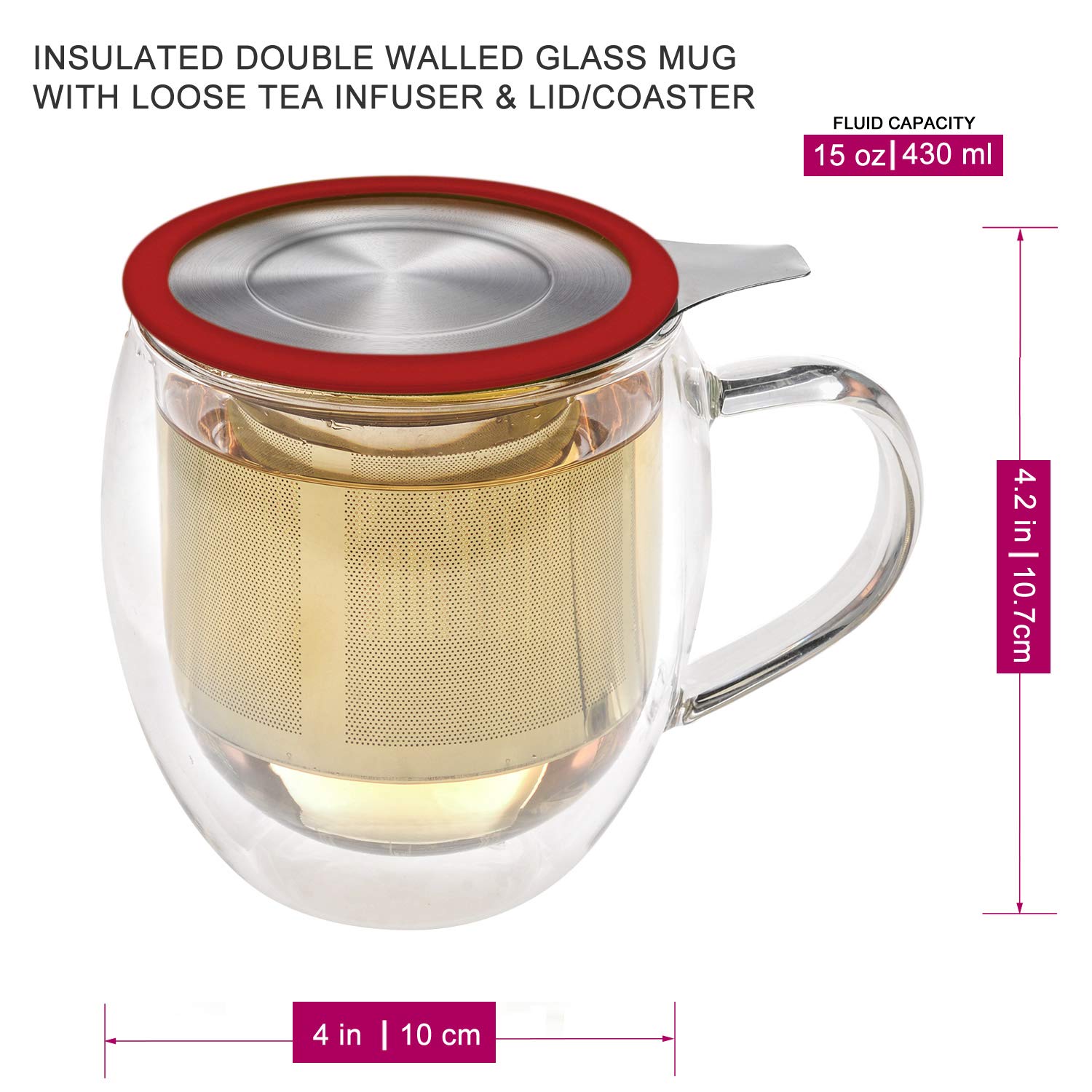 Teabloom Double-Wall Borosilicate Glass Mug with Stainless Steel Infuser and Lid – 15 OZ / 430 ML – 2 Gourmet Tea Flowers Included