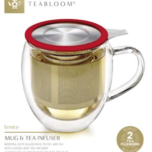 Teabloom Double-Wall Borosilicate Glass Mug with Stainless Steel Infuser and Lid – 15 OZ / 430 ML – 2 Gourmet Tea Flowers Included