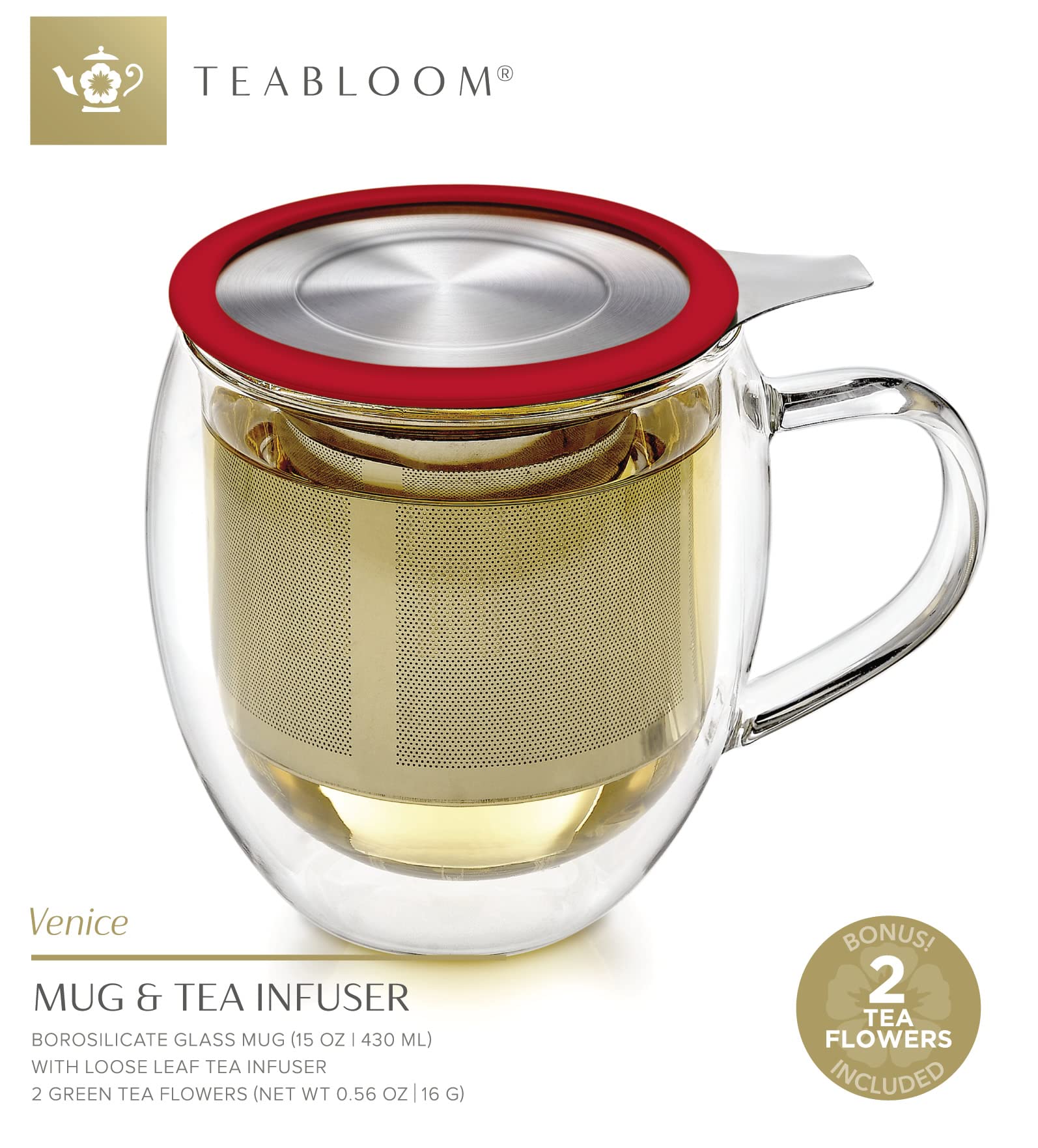 Teabloom Double-Wall Borosilicate Glass Mug with Stainless Steel Infuser and Lid – 15 OZ / 430 ML – 2 Gourmet Tea Flowers Included