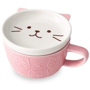 cute ceramic cat mug with lid, pink cat mug, kawaii coffee or tea cup for cat lovers, unique novelty cat gift, mug and lid set (pink)