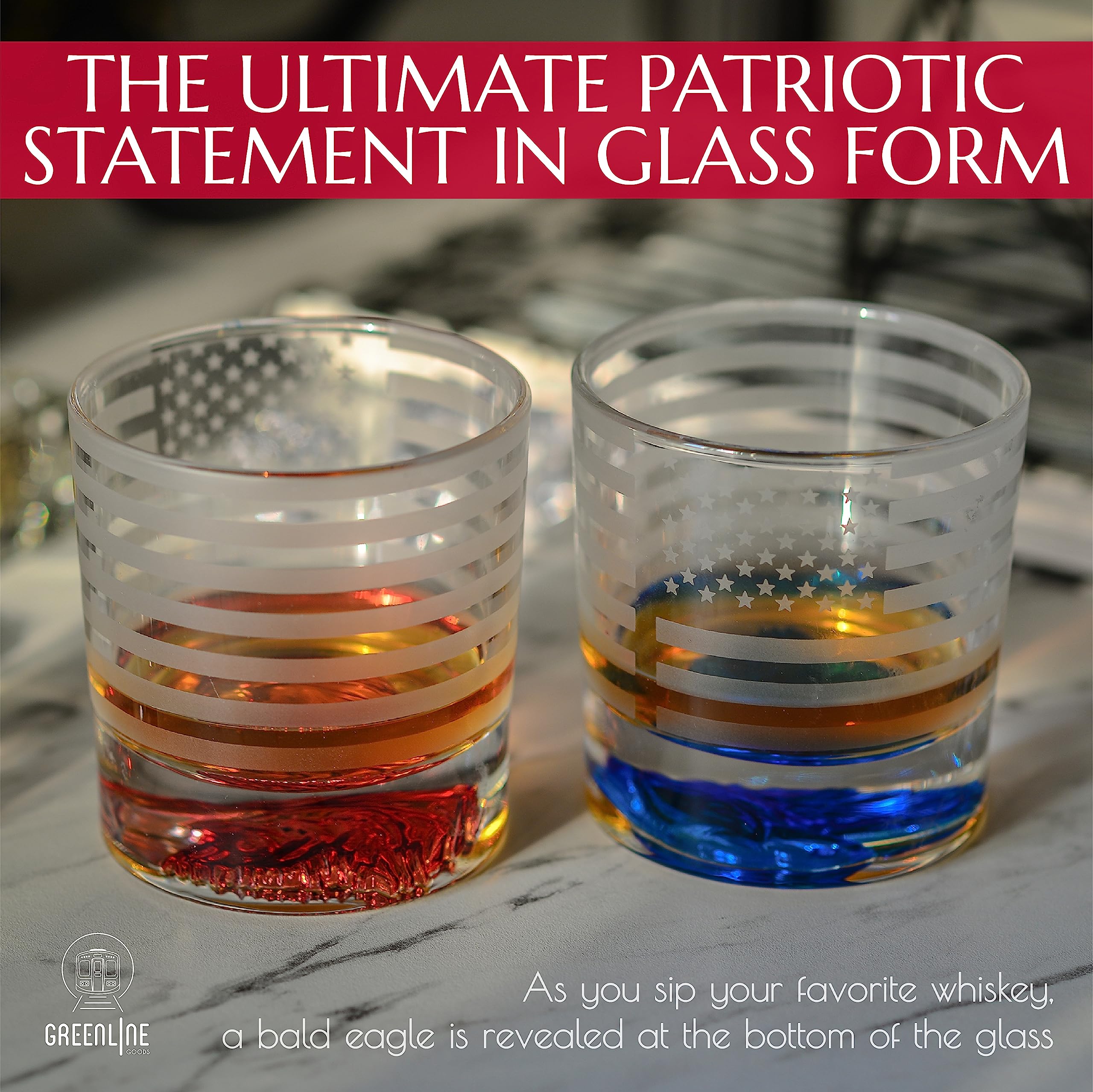 Greenline Goods American Flag Decor USA Glasses - With Patriotic Eagle - (Set of 2) 10 Oz Tumbler Set - America Themed Whiskey Set - Colored 3D Eagle Heavy Glass Base