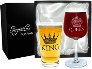 king beer & queen wine glass set | beautiful gift for newlyweds, engagements, anniversaries, weddings, parents, couples, christmas - novelty drinking glassware (king beer & queen wine glass set)