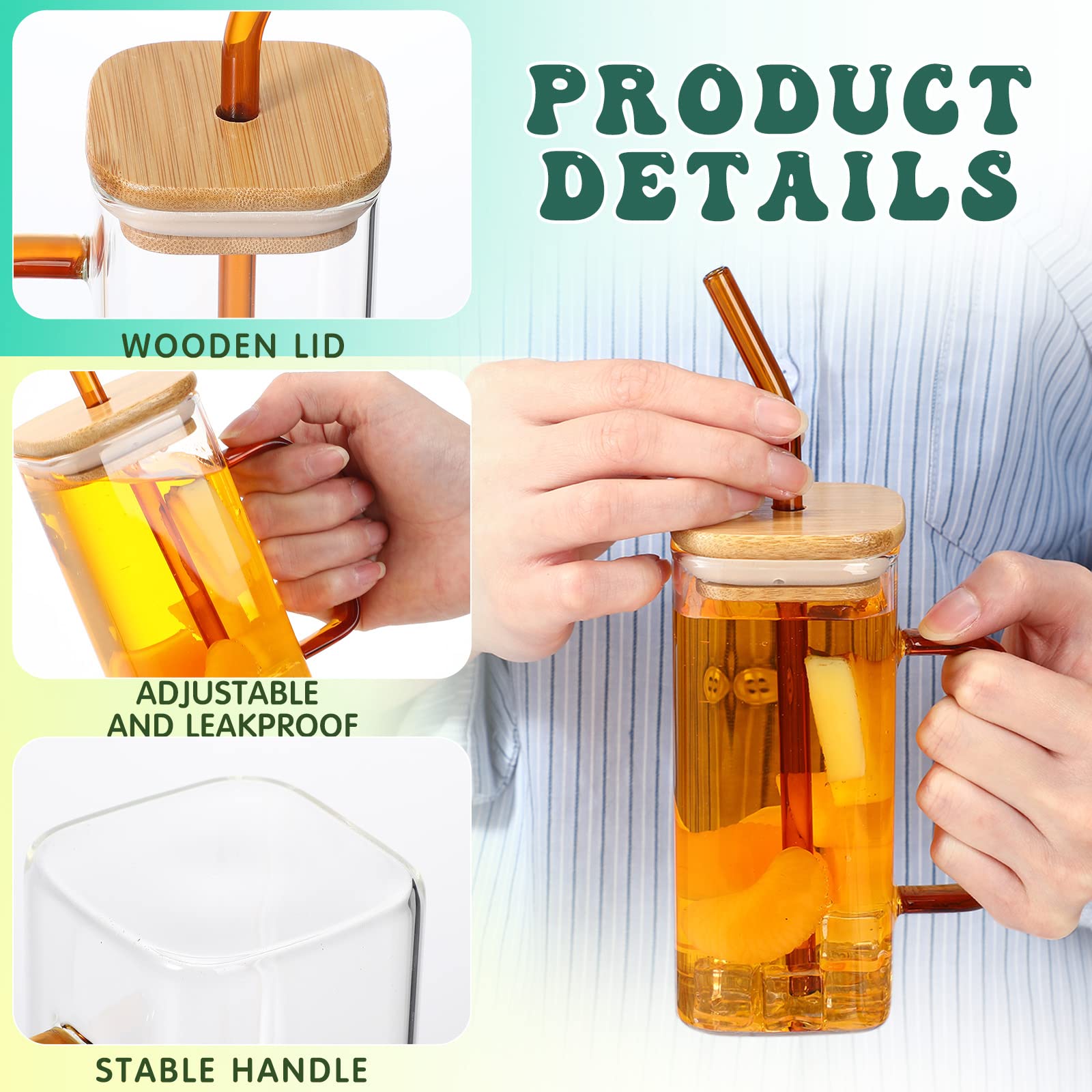 6 Pcs Glass Cup with Bamboo Lid and Straw 13.5 oz Beer Can Shaped Drinking Glasses Iced Coffee Cup with Handle Square Iced Coffee Tumbler Clear Tall Drinking Jars Wide Mouth Smoothie Jars, 6 Colors