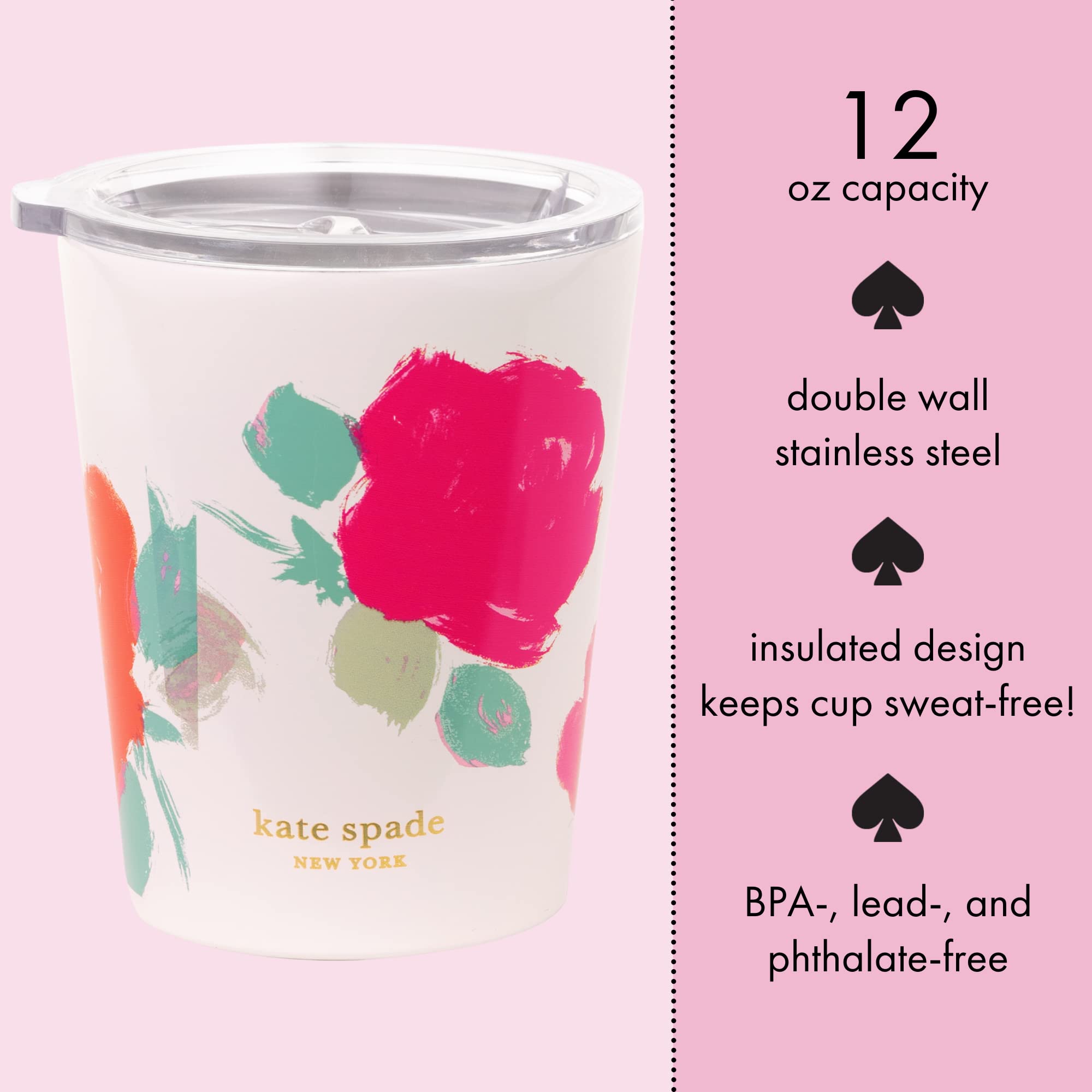 Kate Spade New York Small Insulated Coffee Cup with Lid, Double Walled Stainless Steel Mug, Floral 12oz Coffee Tumbler, Brushy Rose