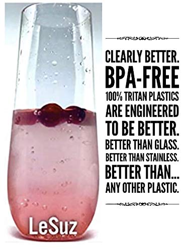 LeSuz 100% Tritan Plastic Champagne Stemless Flutes. Set of 6, 12oz. Shatterproof, BPA-FREE, Dishwasher Safe, Long Lasting Stemless Champagne Flute. Better than Champagne Glasses. Mimosa Flutes.