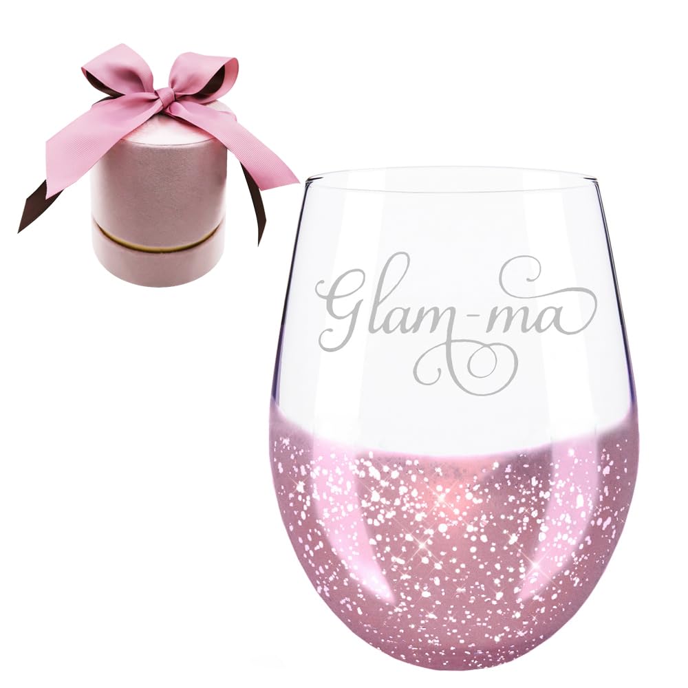 Valentines Day Gifts for Grandma, Glam-ma Glamorous Grandmother Stemless Pink Wine Glass Funny Gifts for Grandma