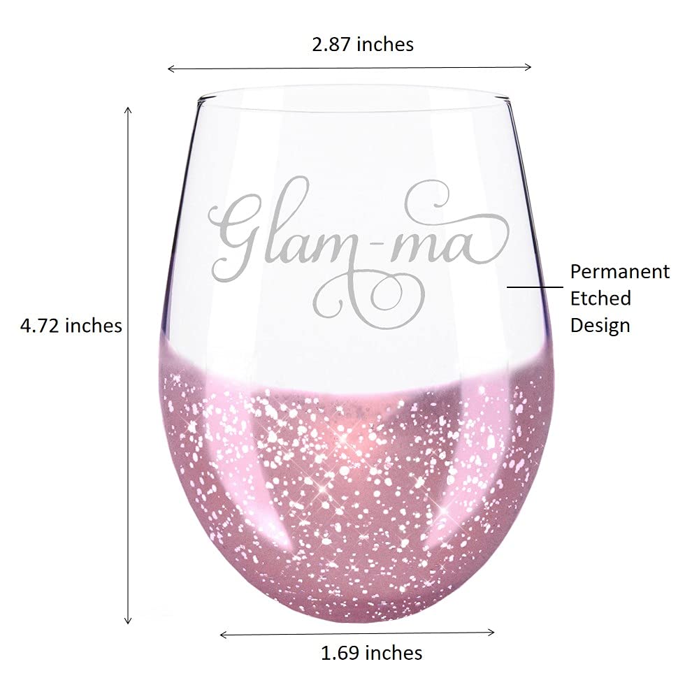 Valentines Day Gifts for Grandma, Glam-ma Glamorous Grandmother Stemless Pink Wine Glass Funny Gifts for Grandma