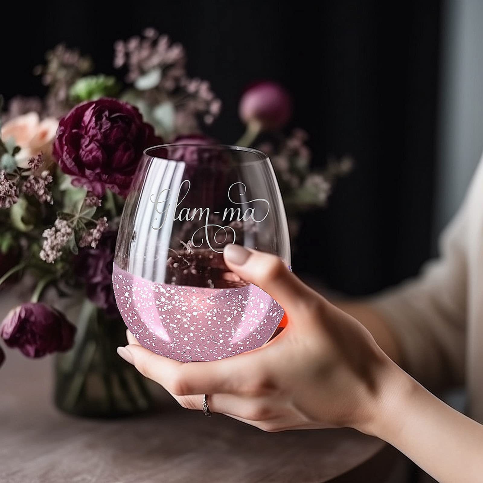 Valentines Day Gifts for Grandma, Glam-ma Glamorous Grandmother Stemless Pink Wine Glass Funny Gifts for Grandma