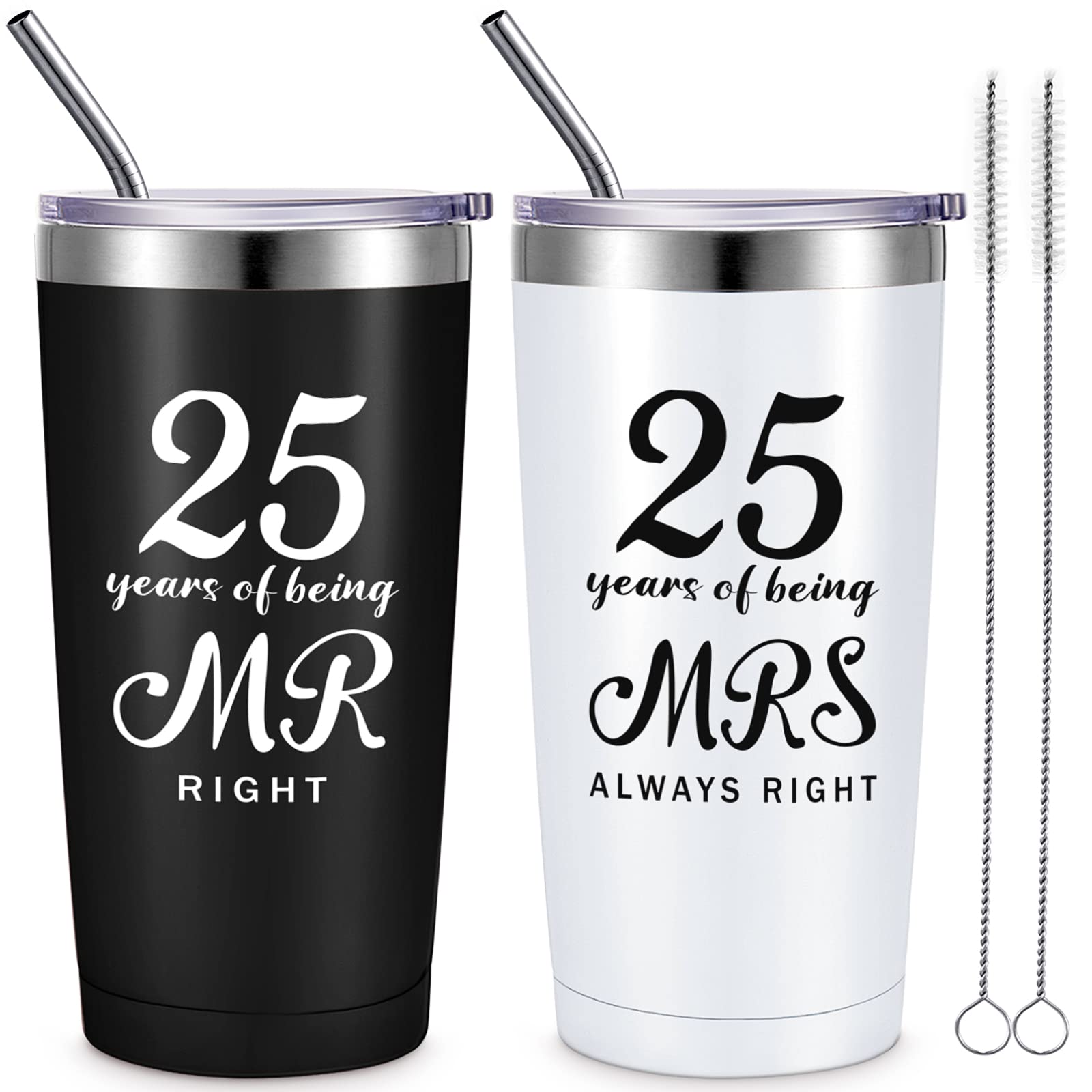 Cunhill 2 Pcs Wedding Anniversary Coffee Mug Being Mr/Mrs Always Right Present Set Anniversary Presents for Couple 20 oz Mug Tumbler with Lids for Grandparents Parents (25th Tumbler)