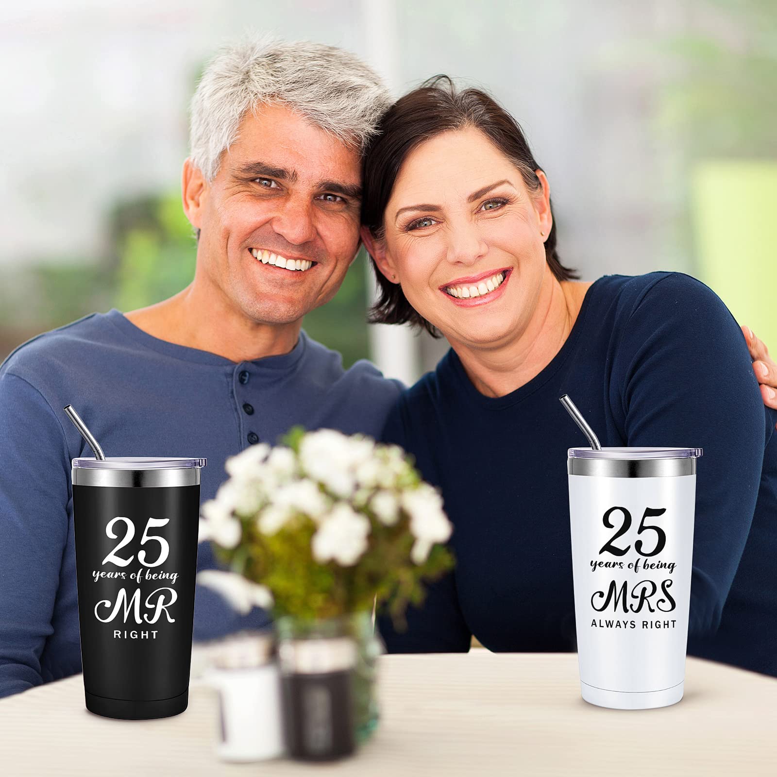 Cunhill 2 Pcs Wedding Anniversary Coffee Mug Being Mr/Mrs Always Right Present Set Anniversary Presents for Couple 20 oz Mug Tumbler with Lids for Grandparents Parents (25th Tumbler)