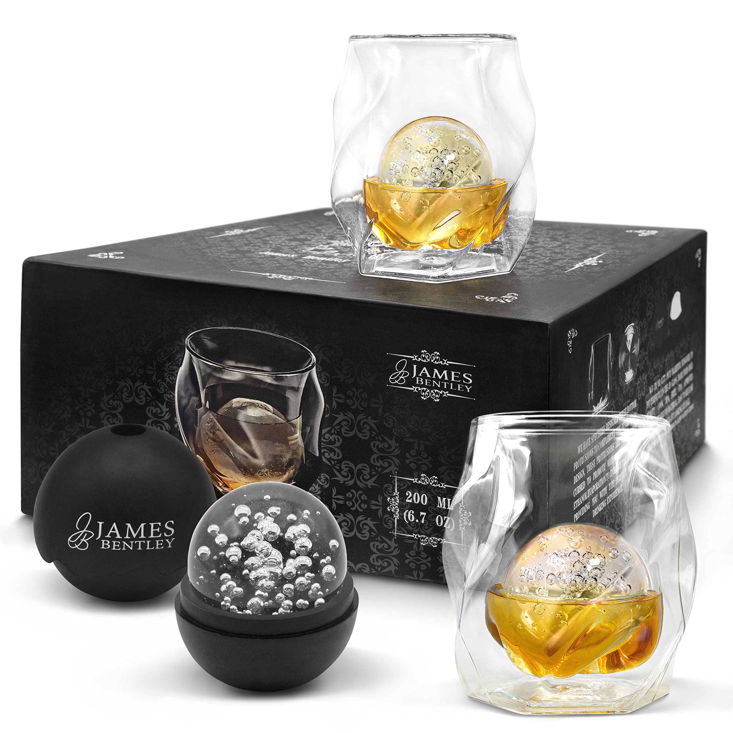 JAMES BENTLEY JB Whiskey Glass, Elevate your Drinking Experience Whiskey Set of 2 Hand Blown, Double Wall Glass Tumbler (6oz) with 2X Ice Ball Mold/Bourbon, Whiskey, Scotch Glasses for Men