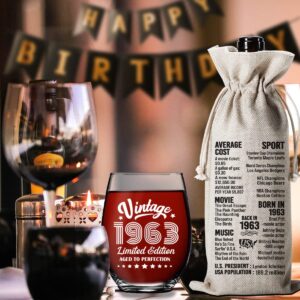 60th Birthday Gifts for Women Men -60 Year Old Birthday Decoration Gift - 60th Anniversary Party Supplies -15 Oz 1 Stemless Wine Glass And 1 Wine Bag