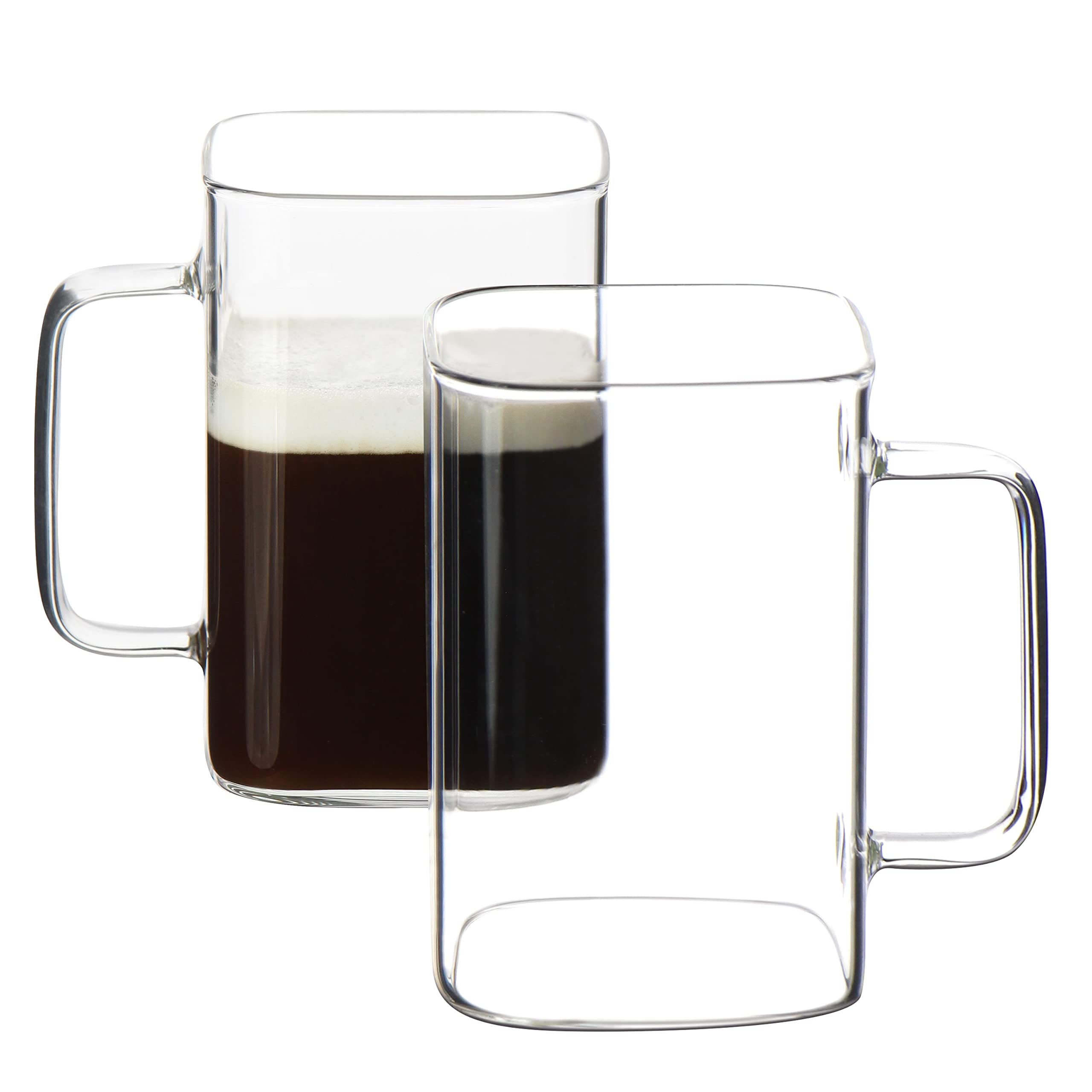 CHRYSLIN Glass Coffee Mugs,20oz Large Coffee Cups with Handle,Square Clear Mugs Set of 2,Heat Resistant Glass Cup for Hot/Cold Coffee Tea Beverage