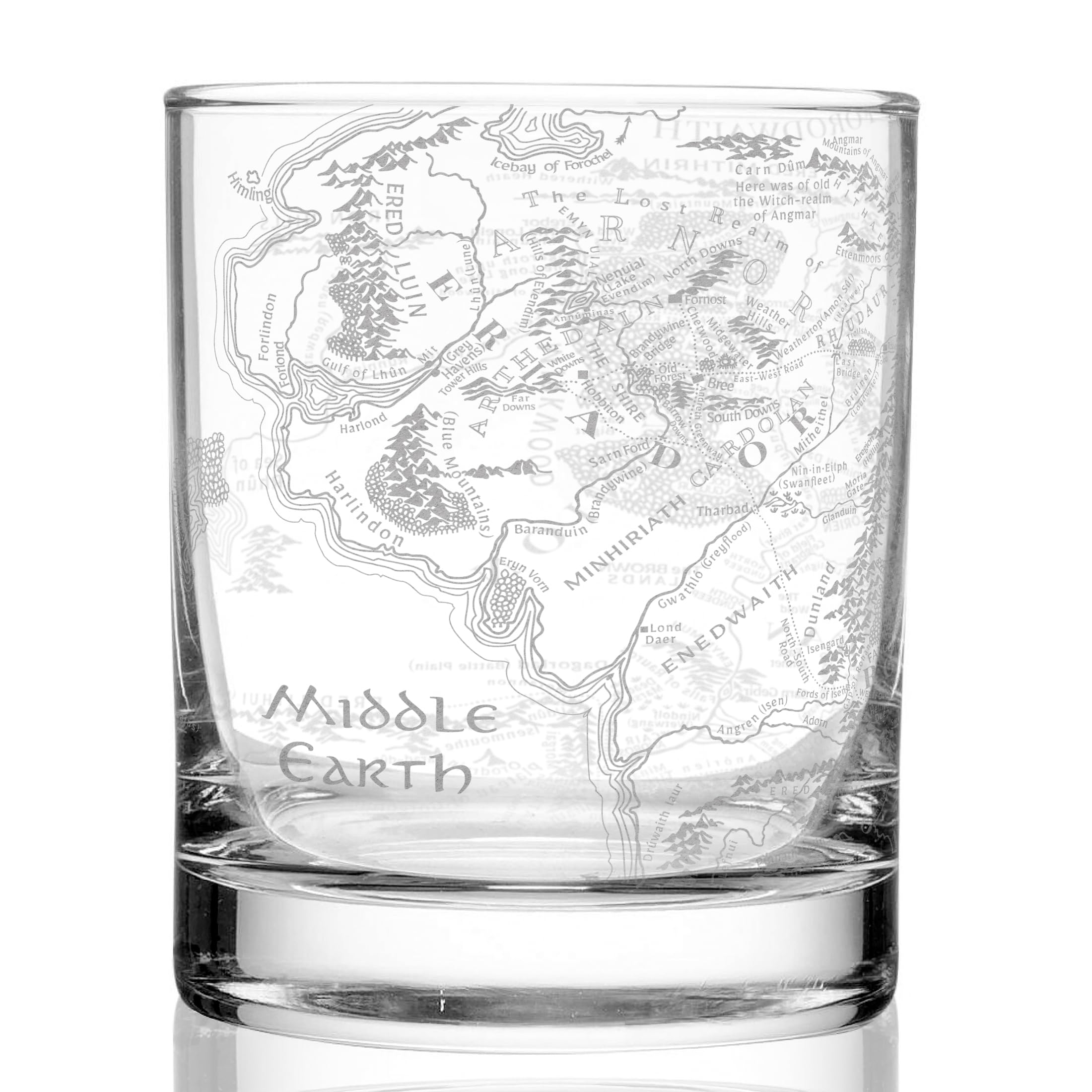 MAP OF MIDDLE EARTH Engraved Whiskey Rocks Glass | Inspired by The Hobbit, LOTR, Middle Earth, Tolkien Fantasy, & Rings of Power | Great Christmas Fantasy Gift & Bourbon Barware Drinking Decor!