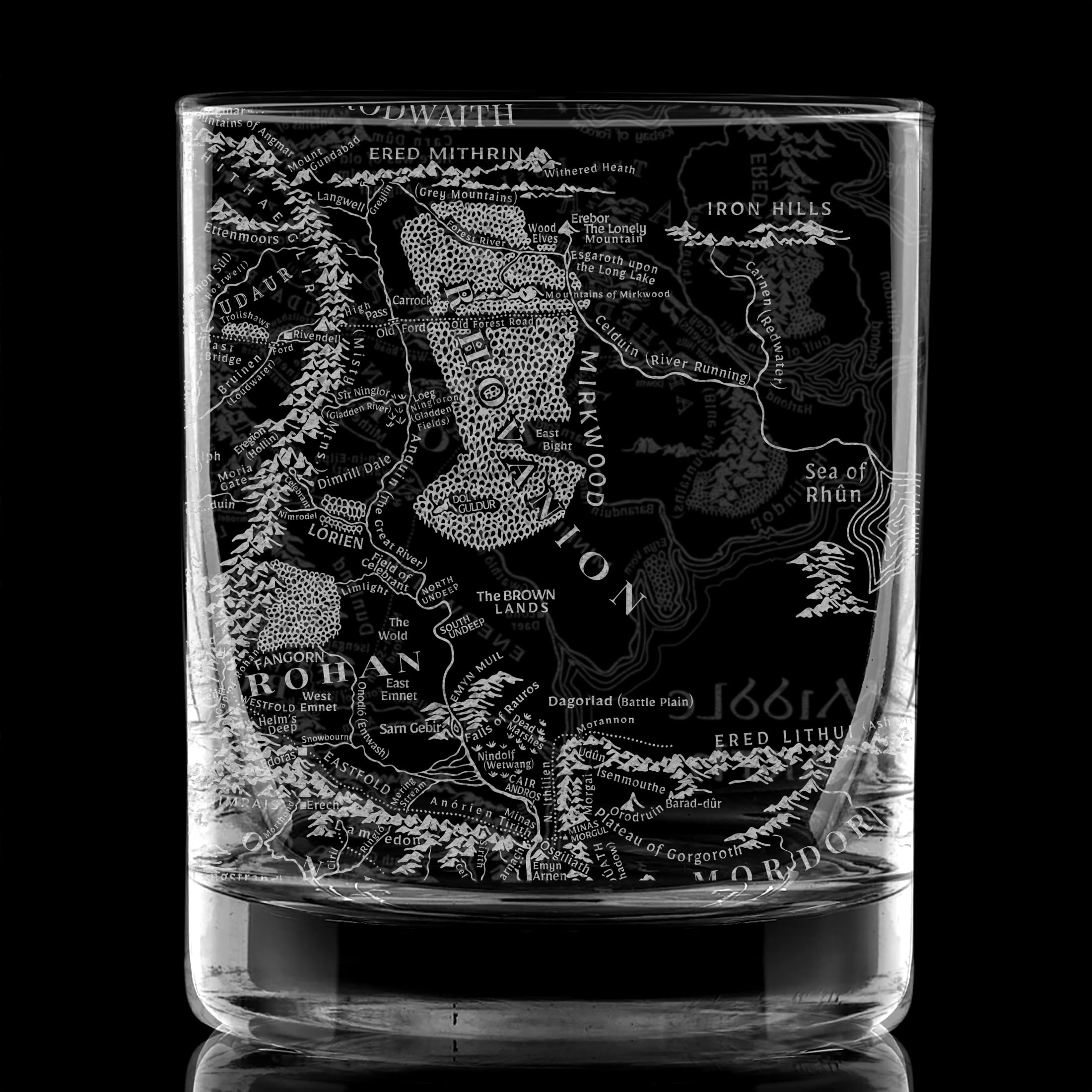 MAP OF MIDDLE EARTH Engraved Whiskey Rocks Glass | Inspired by The Hobbit, LOTR, Middle Earth, Tolkien Fantasy, & Rings of Power | Great Christmas Fantasy Gift & Bourbon Barware Drinking Decor!