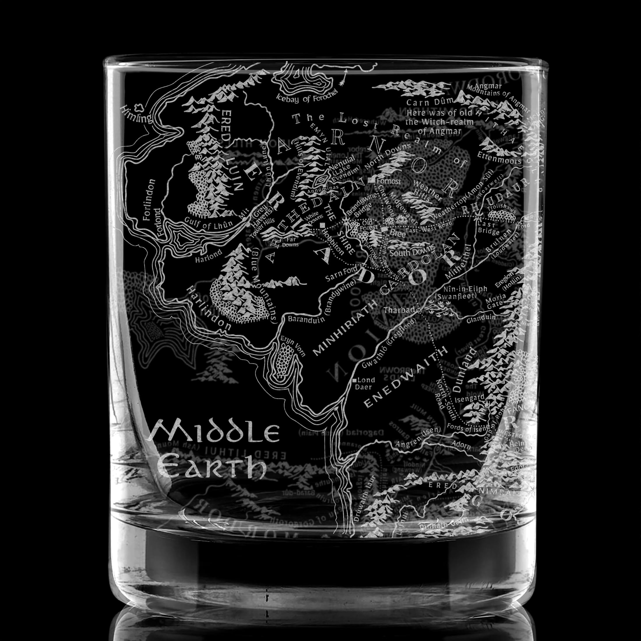 MAP OF MIDDLE EARTH Engraved Whiskey Rocks Glass | Inspired by The Hobbit, LOTR, Middle Earth, Tolkien Fantasy, & Rings of Power | Great Christmas Fantasy Gift & Bourbon Barware Drinking Decor!