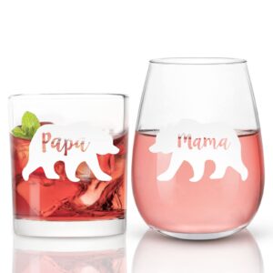 modwnfy mama bear papa bear whiskey ＆ wine glass couples set, new parents gifts, pregnancy announcement, new mom ＆ new dad gifts, gifts for couples, valentines birthday anniversary baby shower