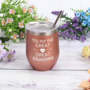 You Put The Great In Great Grandma Tumbler Great Grandma Wine Tumbler Birthday Mothers Day Gifts for Great Grandma Gifts from Great Grandchild Grandkids Grandson Granddaughter 12 Oz Gift Box Rose Gold