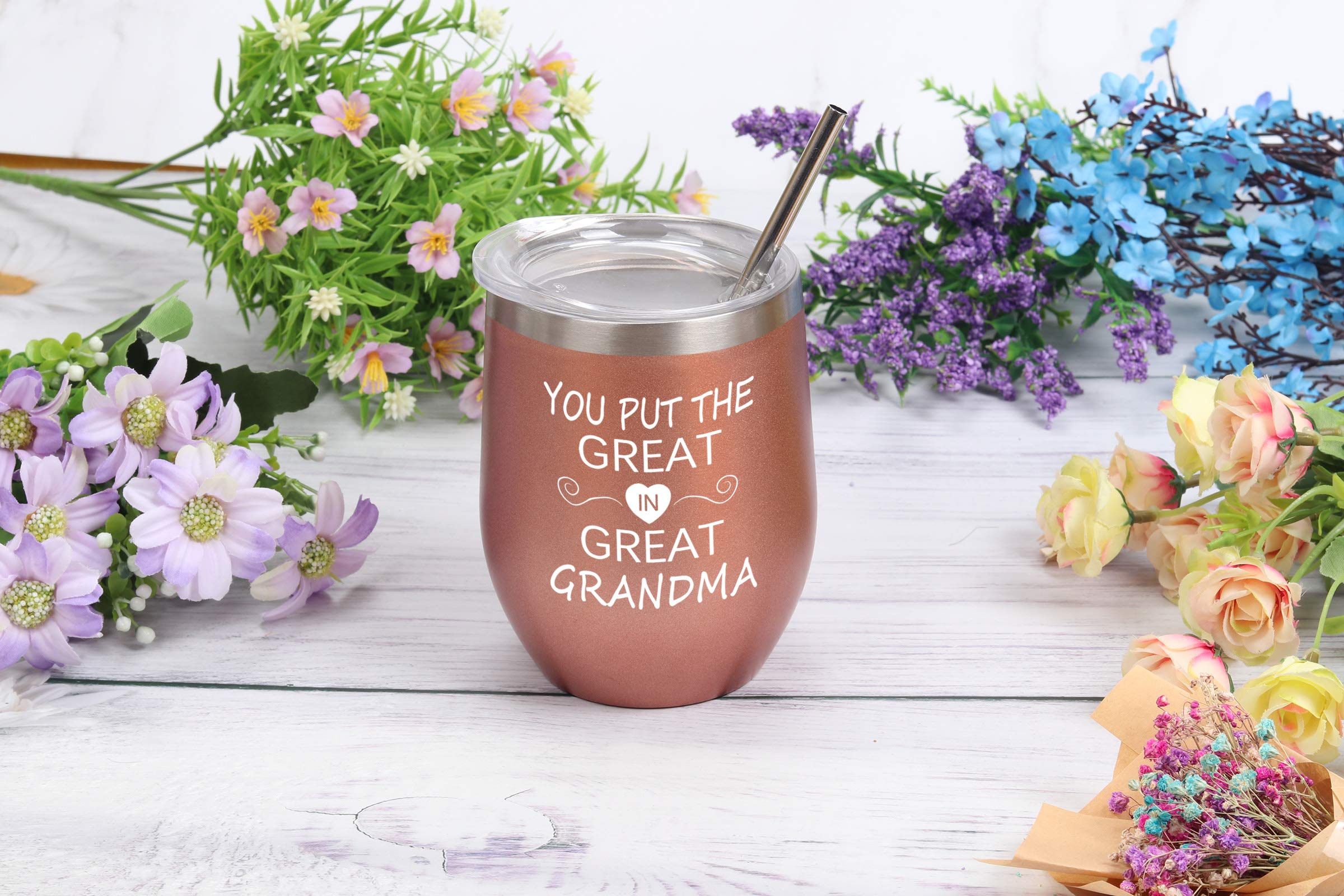 You Put The Great In Great Grandma Tumbler Great Grandma Wine Tumbler Birthday Mothers Day Gifts for Great Grandma Gifts from Great Grandchild Grandkids Grandson Granddaughter 12 Oz Gift Box Rose Gold