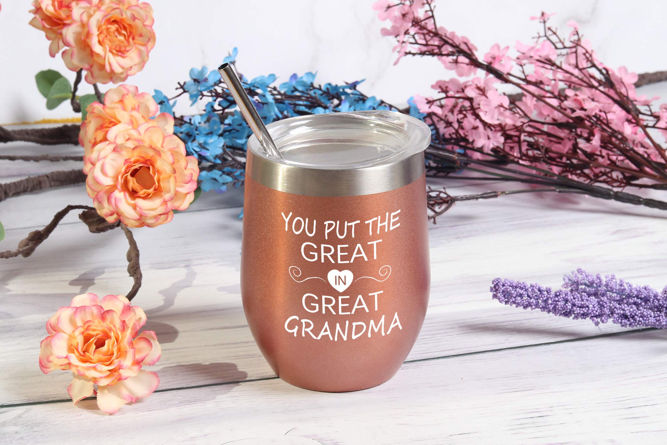 You Put The Great In Great Grandma Tumbler Great Grandma Wine Tumbler Birthday Mothers Day Gifts for Great Grandma Gifts from Great Grandchild Grandkids Grandson Granddaughter 12 Oz Gift Box Rose Gold