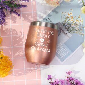 You Put The Great In Great Grandma Tumbler Great Grandma Wine Tumbler Birthday Mothers Day Gifts for Great Grandma Gifts from Great Grandchild Grandkids Grandson Granddaughter 12 Oz Gift Box Rose Gold