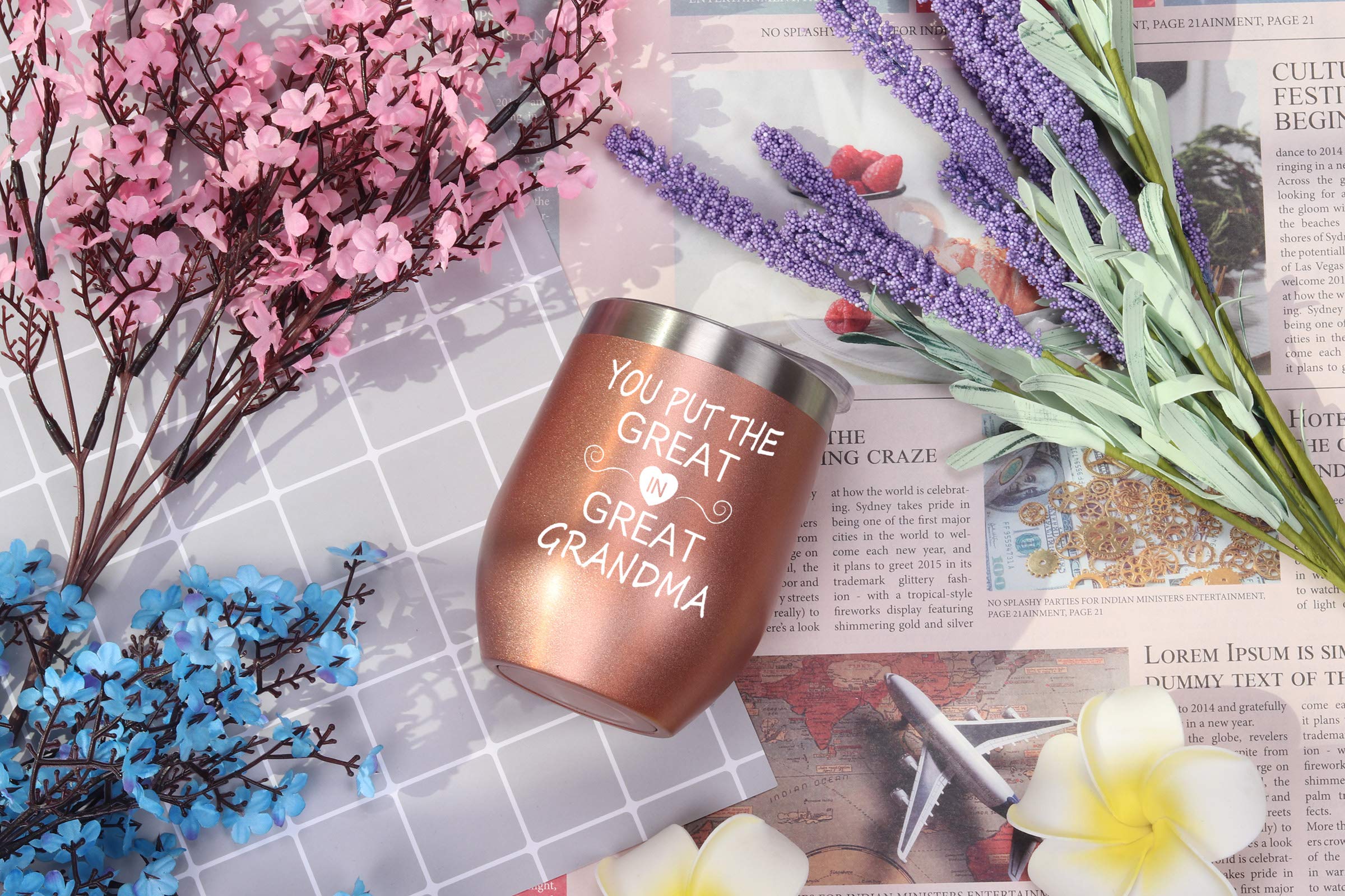 You Put The Great In Great Grandma Tumbler Great Grandma Wine Tumbler Birthday Mothers Day Gifts for Great Grandma Gifts from Great Grandchild Grandkids Grandson Granddaughter 12 Oz Gift Box Rose Gold